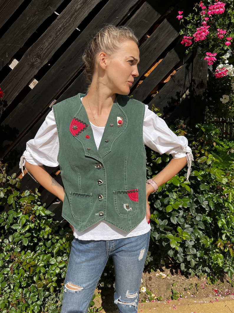 Vintage Moss Green Denim Austrian Vest Women's Jeans Loden Traditional ...