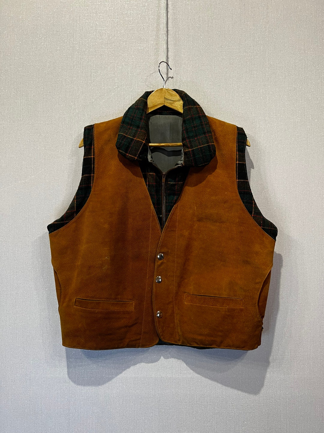 Mens Brown Leather Plaid Vest Western Style Vest Gentleman's Waistcoat ...