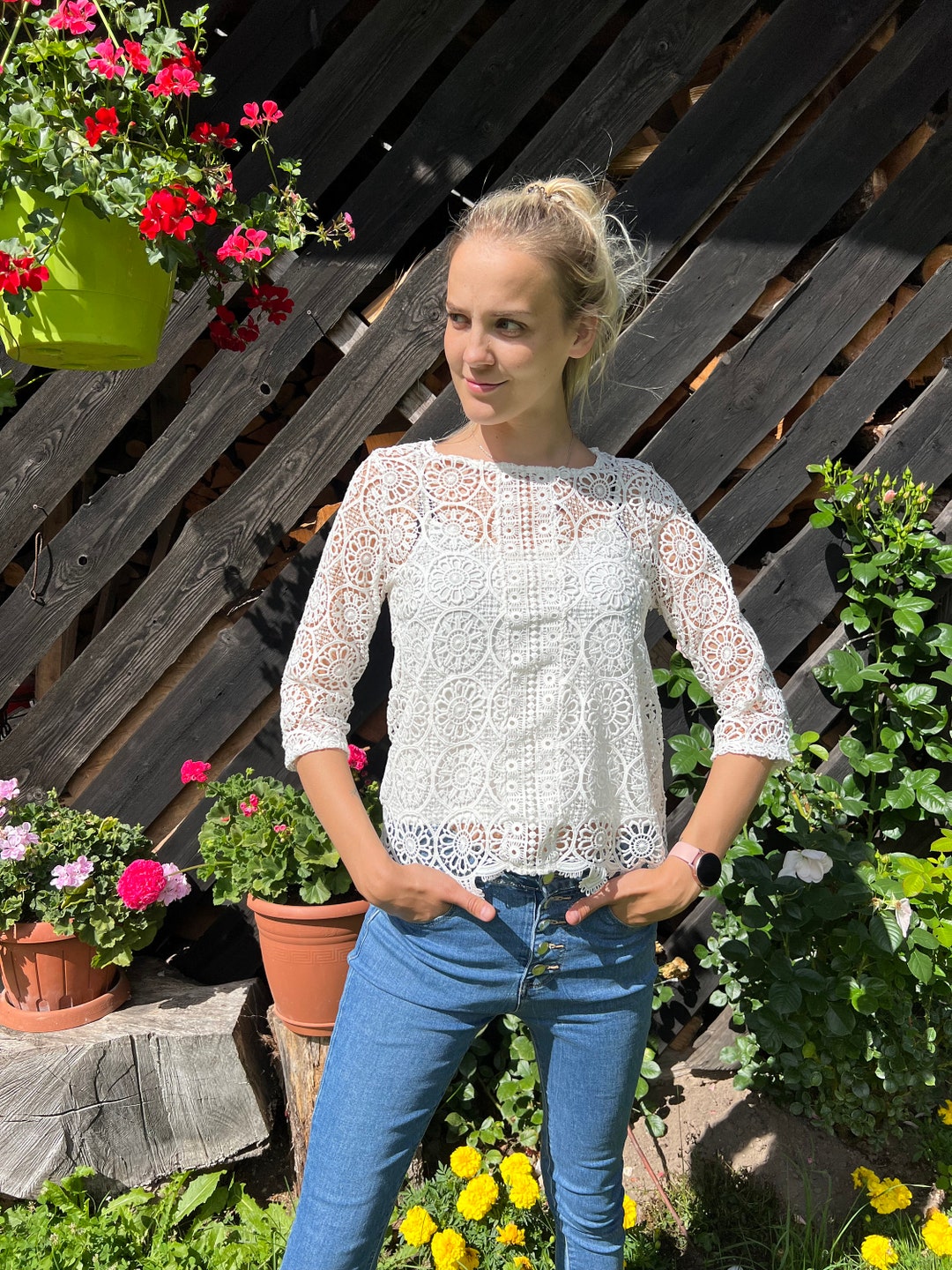 Vintage Ivory White Sheer Lace Blouse With Underwear Top 3/4 Long Sleeve See Through Lace Blouse ...