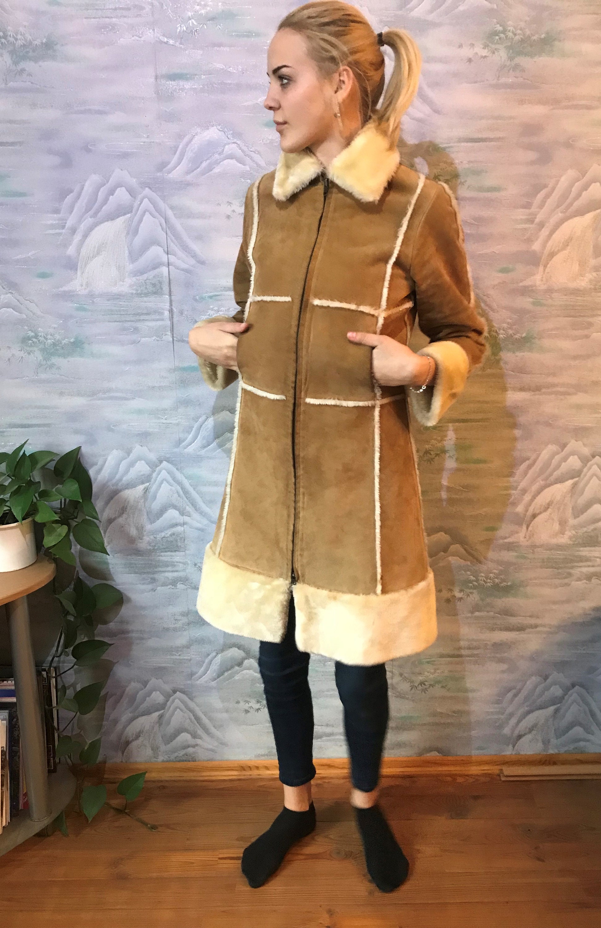 Sand Brown Suede Leather Coat Warm Pig Split Leather Outerwear Brown ...