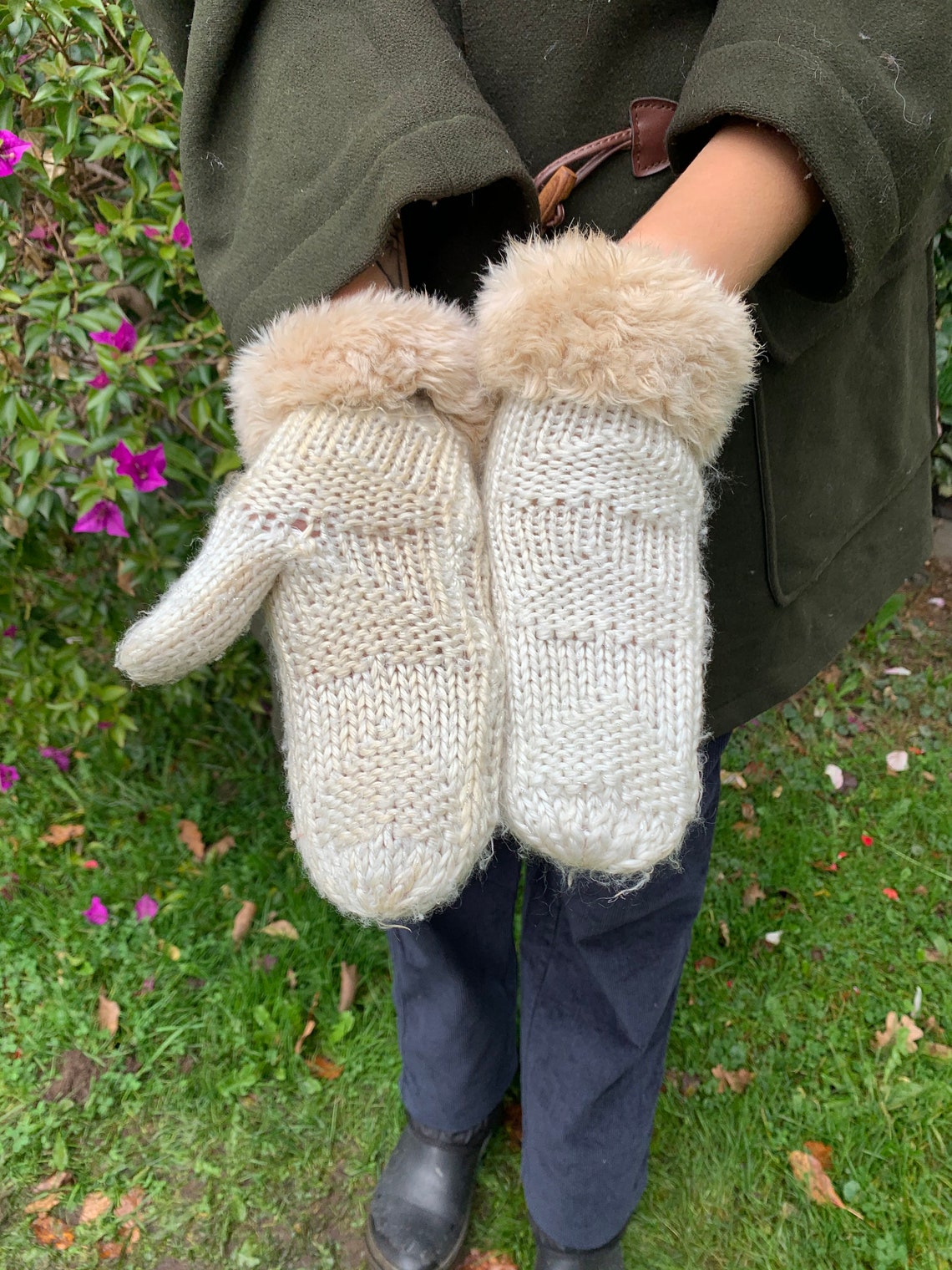 Women's Ivory White Knitted Mittens Faux Fur Knit Glove - Etsy
