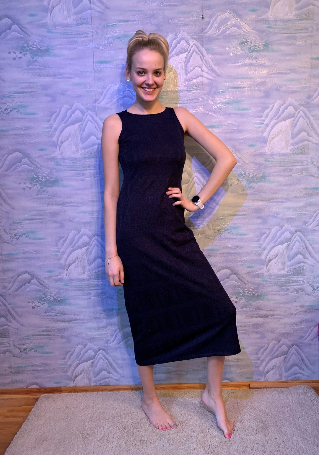 Vintage Dark Blue Summer Dress Sleeveless Maxi Dress Medium Size Office ...