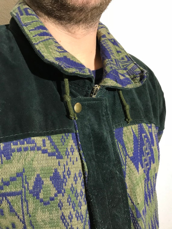 1980's Men's Vintage Chamois Green Leather Jacket Bla… - Gem