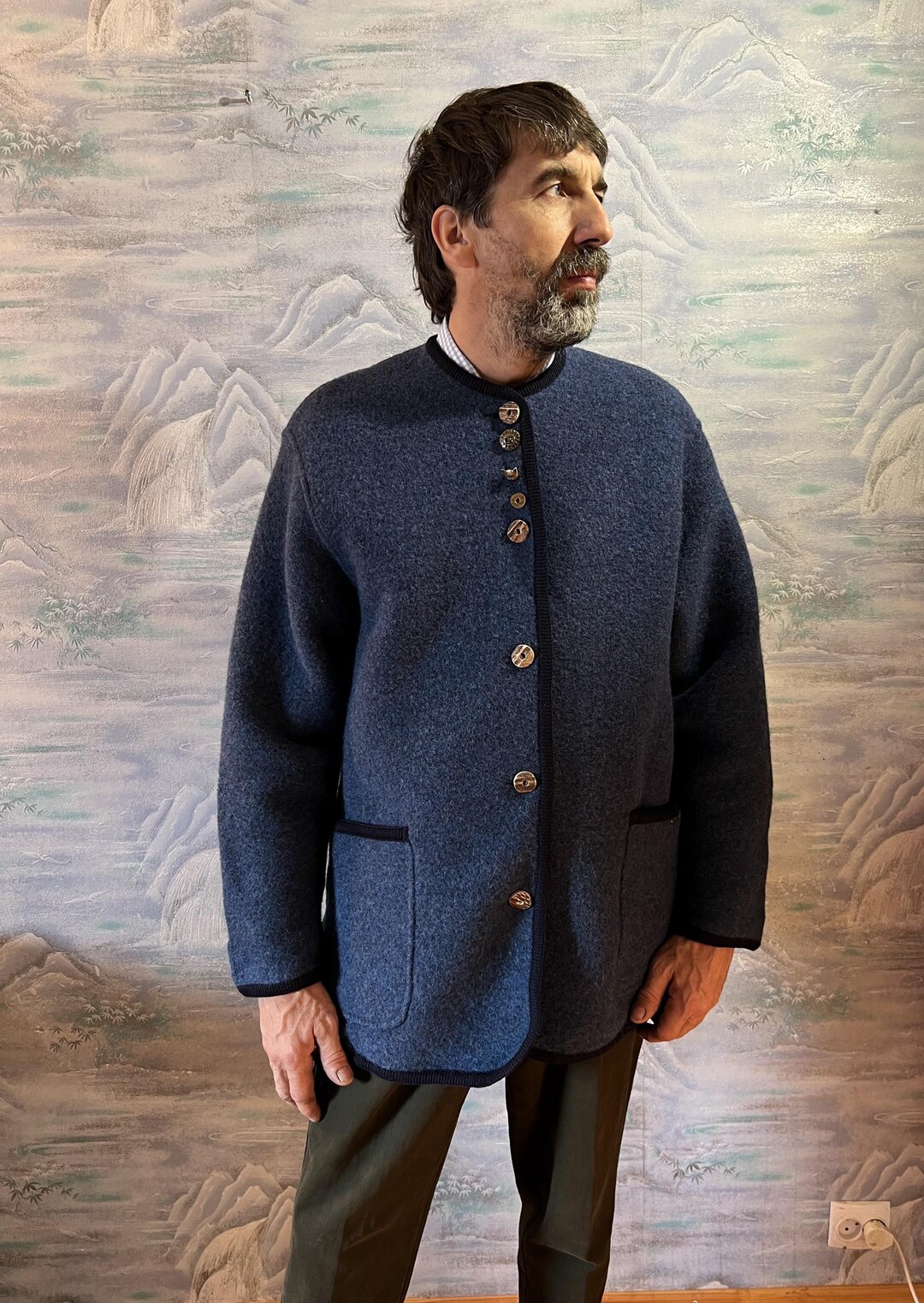 Vintage Warm Wool Mens Loden Jacket Blue Traditional Folk Tyrolean ...