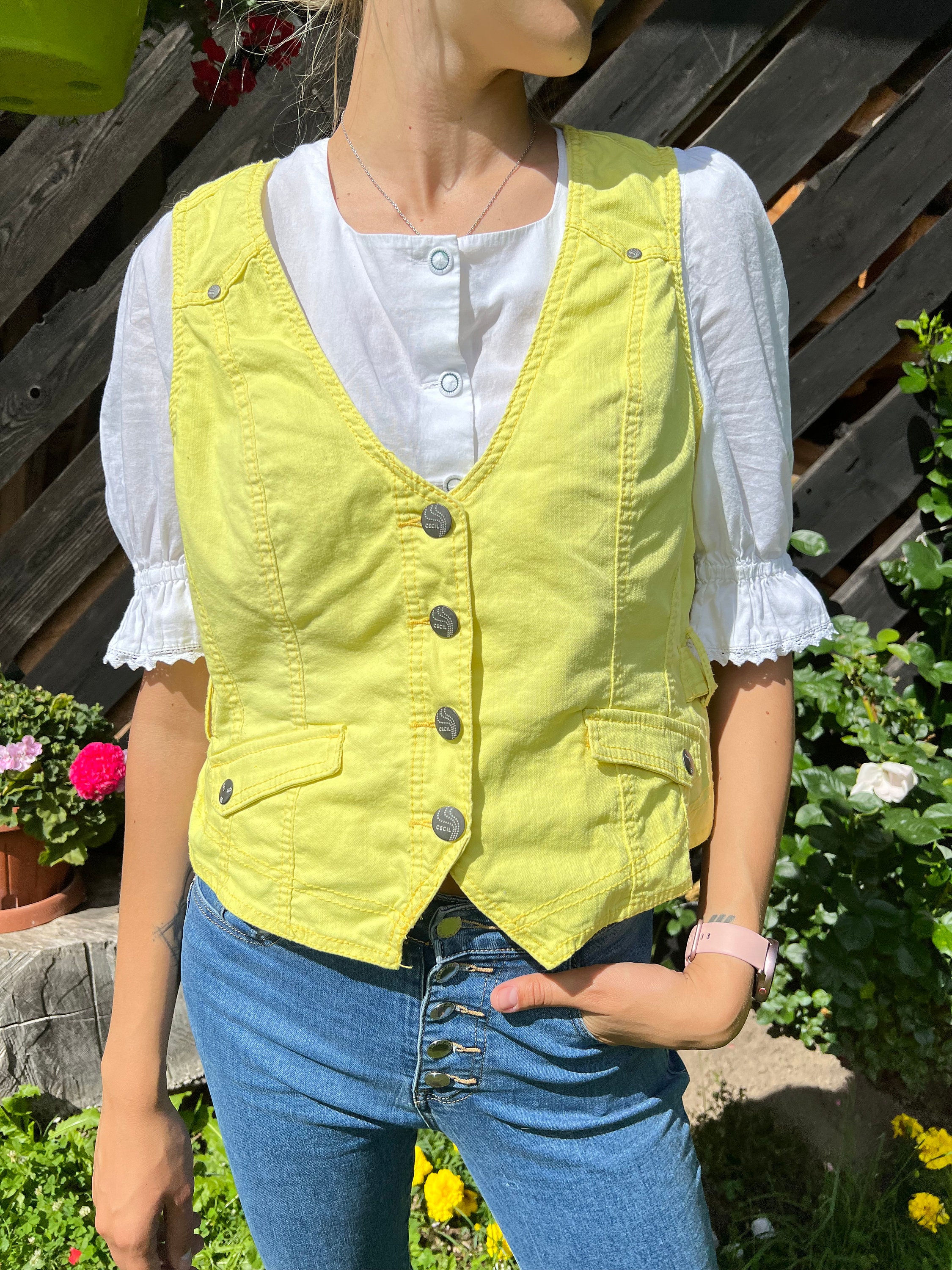 Vintage Denim Pale Yellow Vest Women Denim Vest Large Size Denim Vest ...