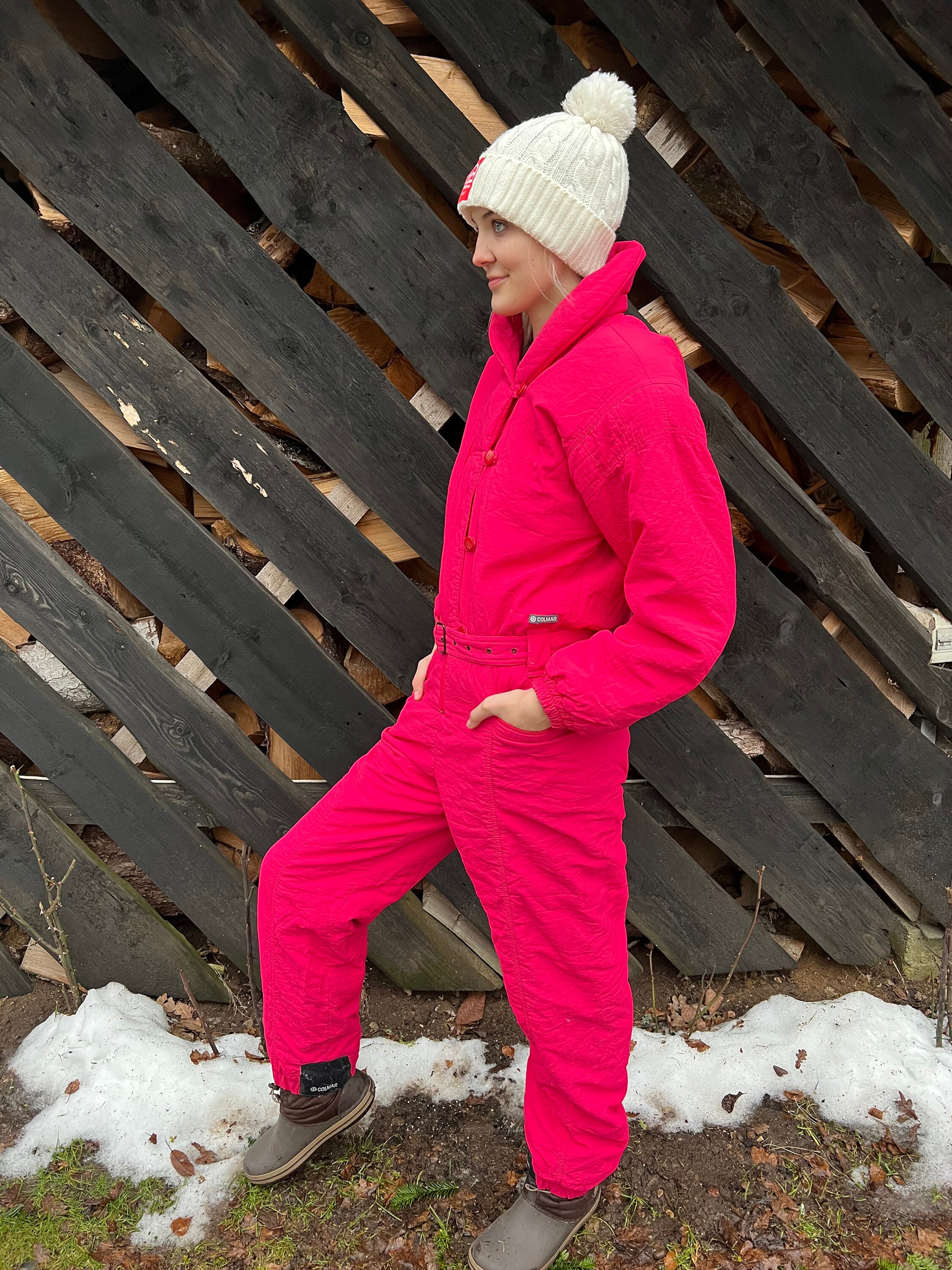 Vintage Women's Ski Suit Pink One Piece Jumpsuit Retro Snowsuit Hipster ...