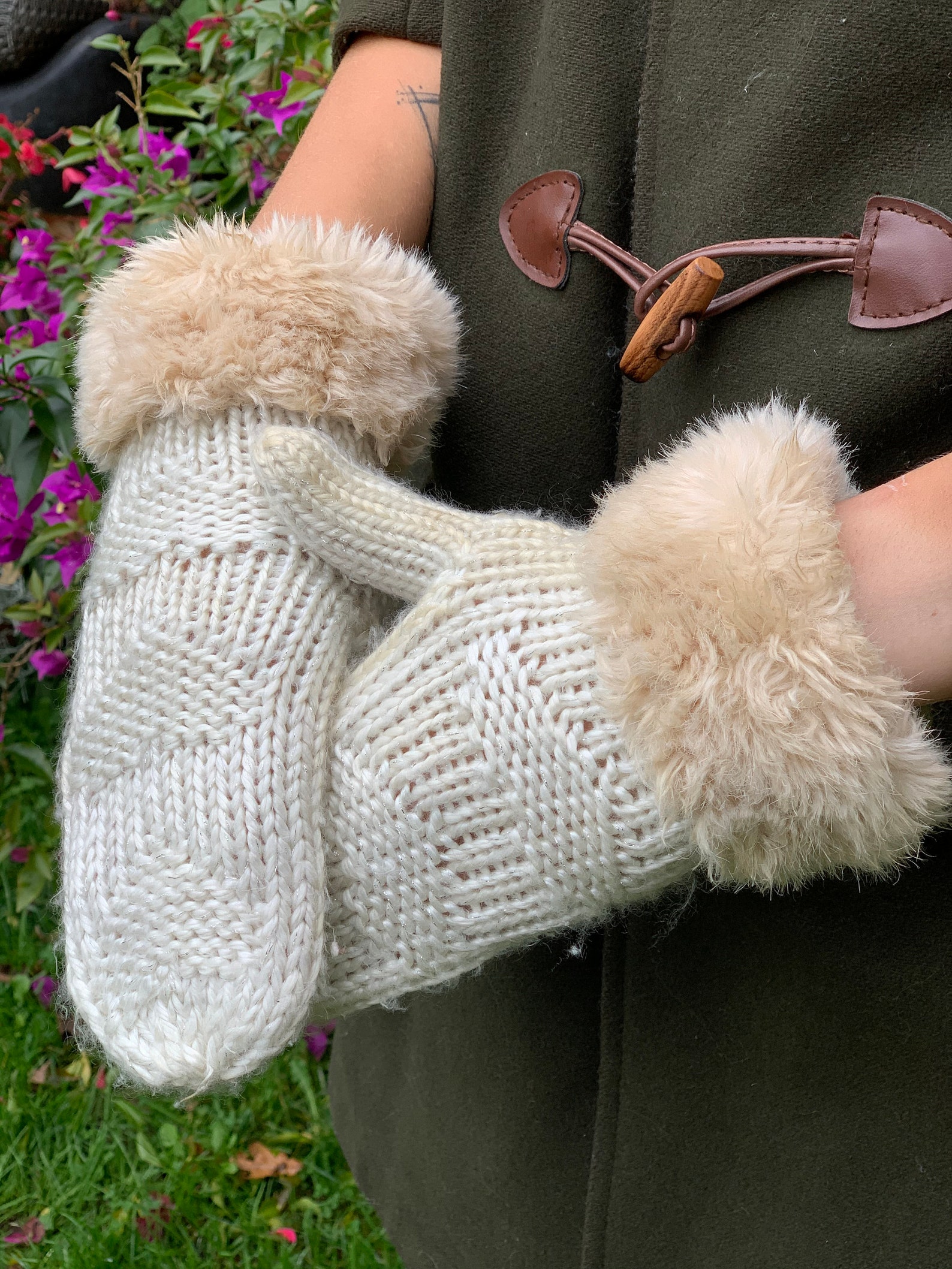 Women's Ivory White Knitted Mittens Faux Fur Knit Glove - Etsy