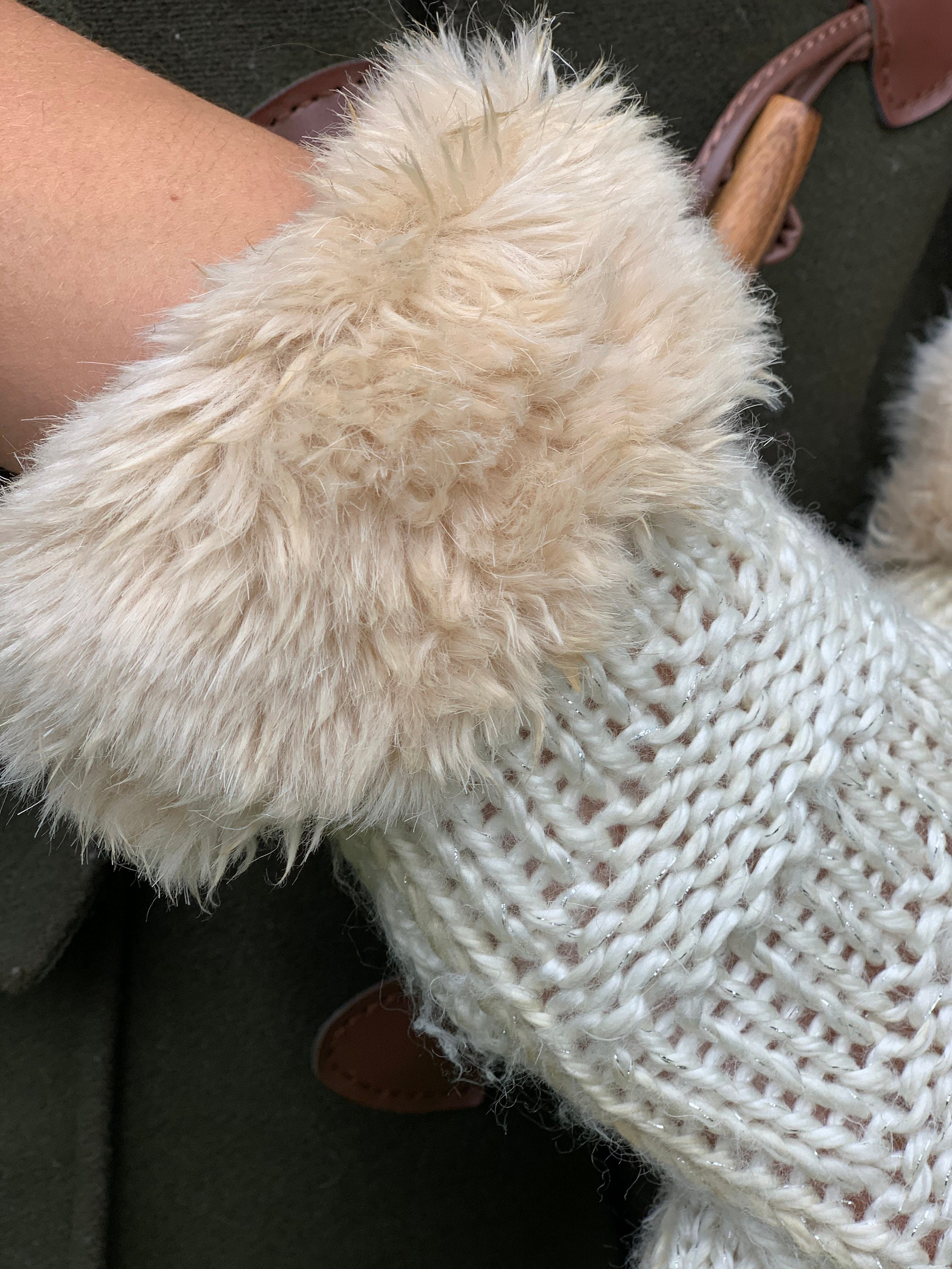 Women's Ivory White Knitted Mittens Faux Fur Knit Glove - Etsy