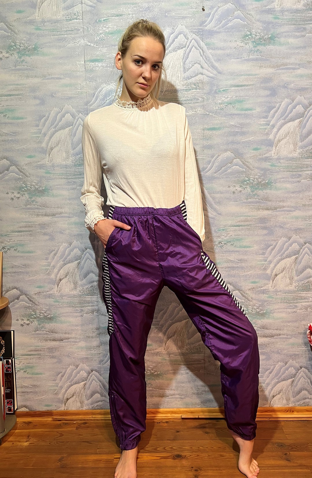 Vintage Purple Running Pants With Lining High Waist Colorful Breakaway ...