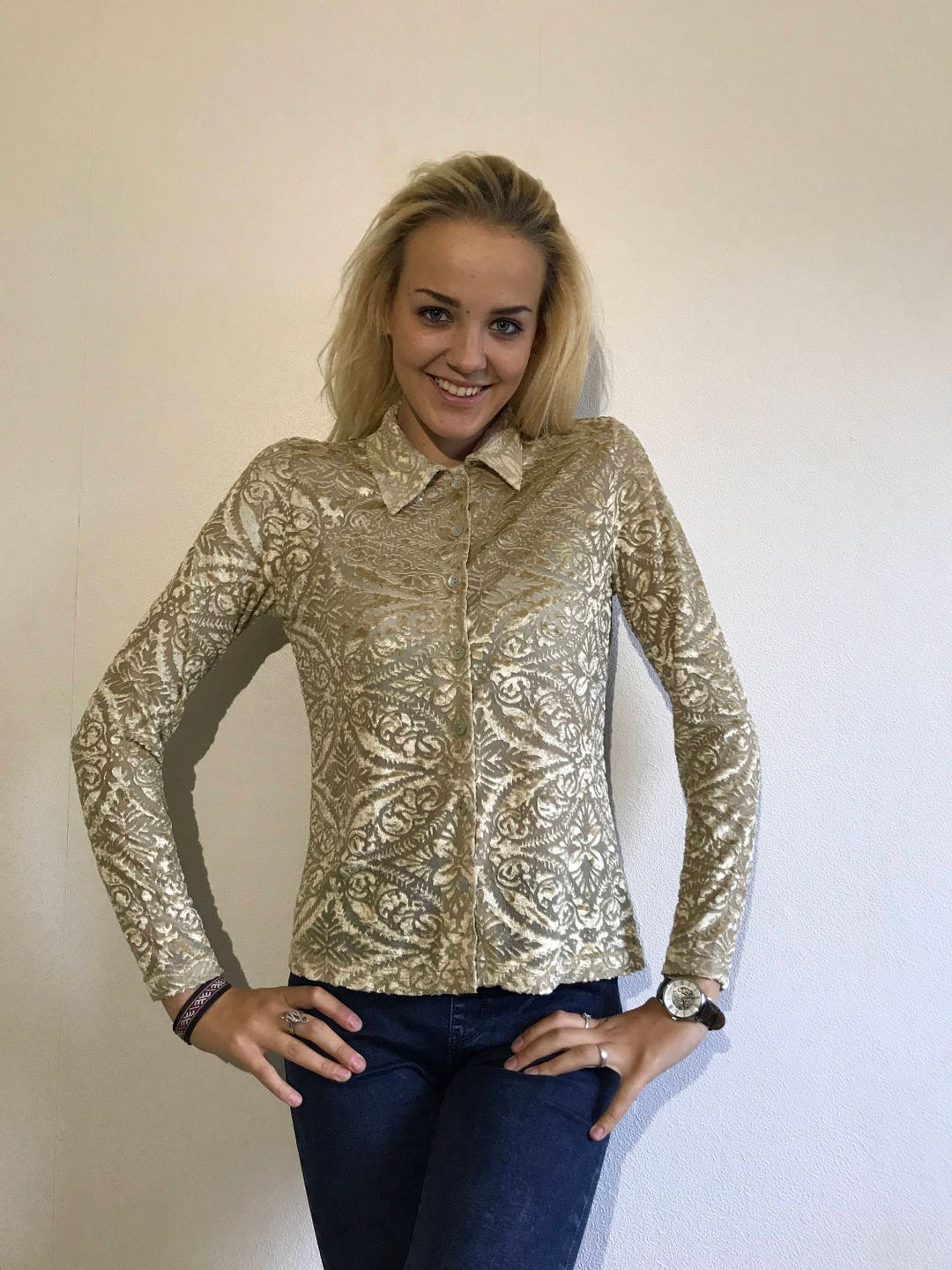 Light Velvet Blouse Ivory Velvet Patterned Women Blouse Long Sleeve ...