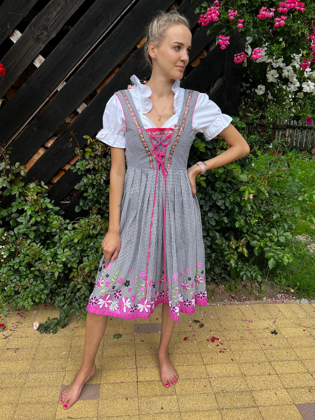 Vintage Dirndl Dress Black White Plaid Gingham Dress Bavarian ...