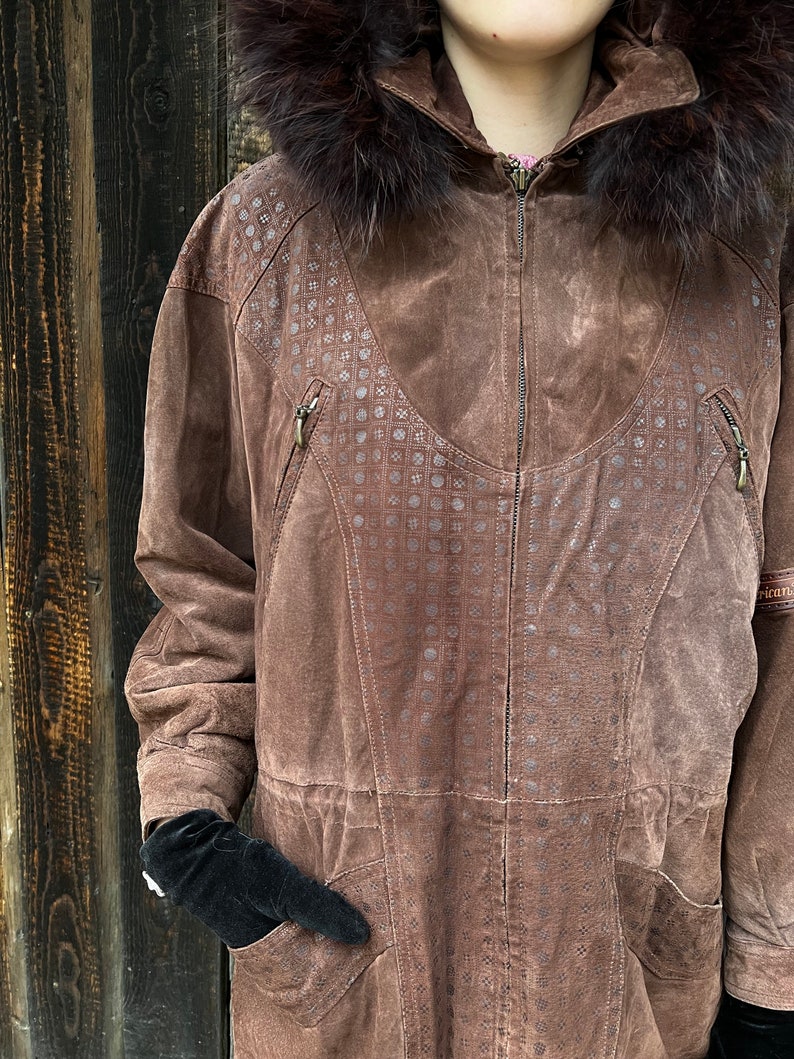 Vintage Women's Suade Leather Parka Coat Brown Coat Fur Trim Parka Coat ...