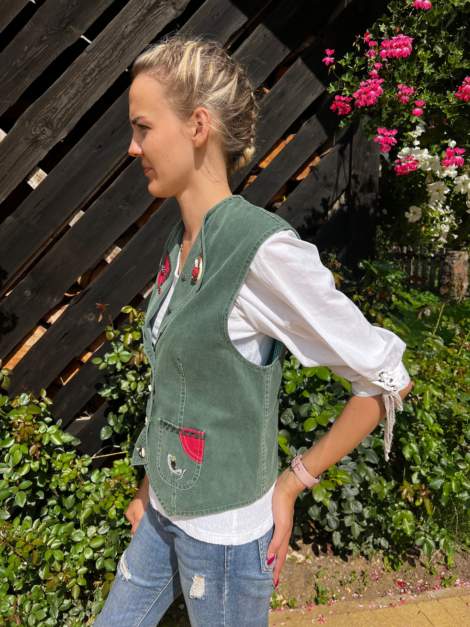Vintage Moss Green Denim Austrian Vest Women's Jeans Loden Traditional ...