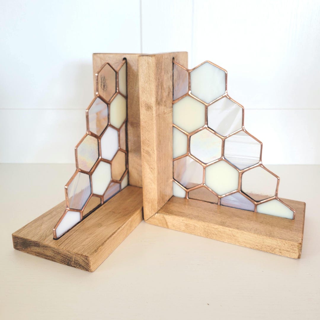 Stained Glass Honeycomb Bookends Bookshelf Book Holders Beehive Hexagon ...