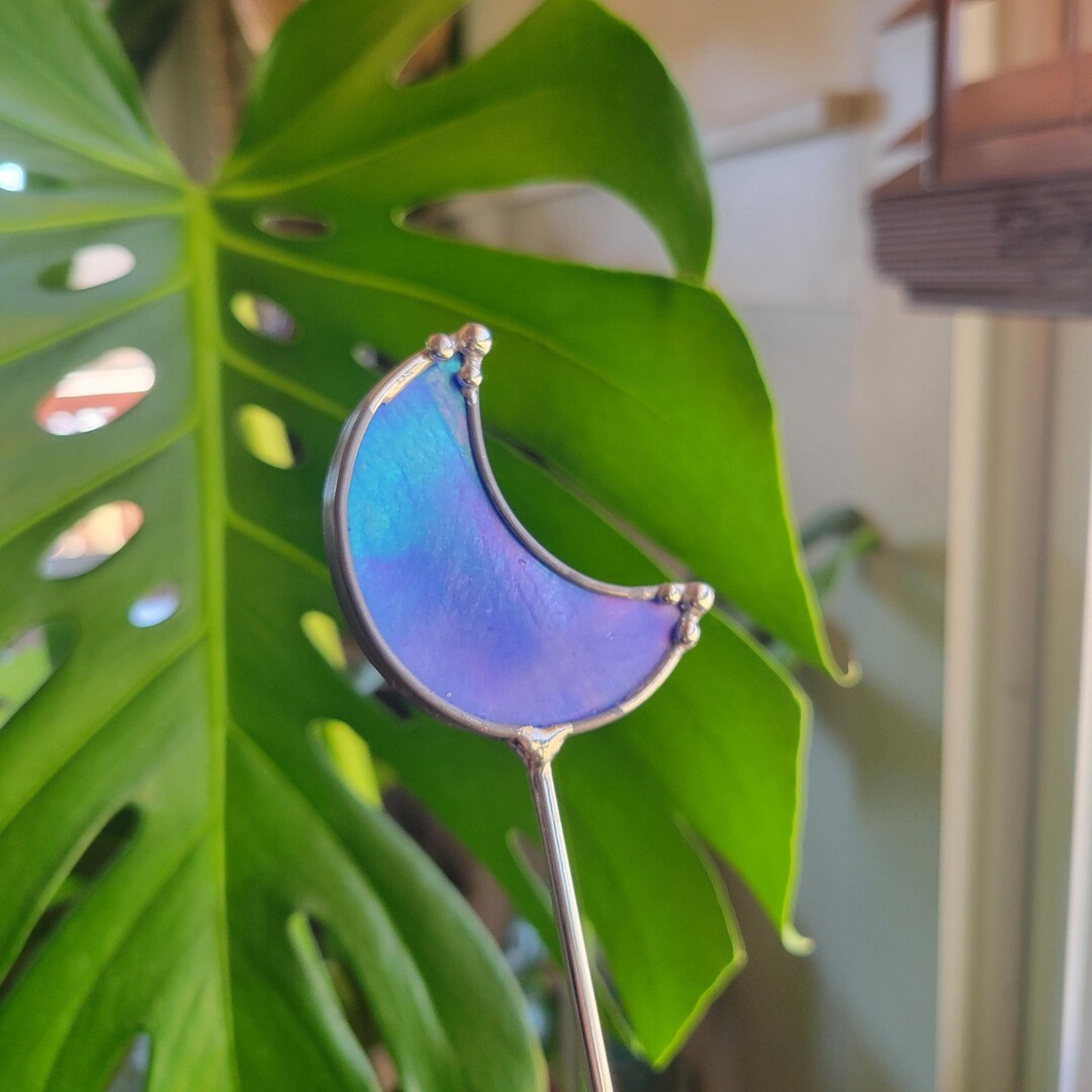 Iridescent Blue Crescent Moon Plant Stake: Celestial Garden Decor - Etsy