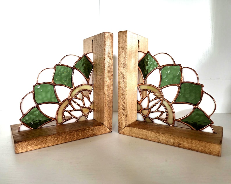 Stained Glass Mandala Bookends: Handcrafted Maple Wood Boho Decor - Etsy