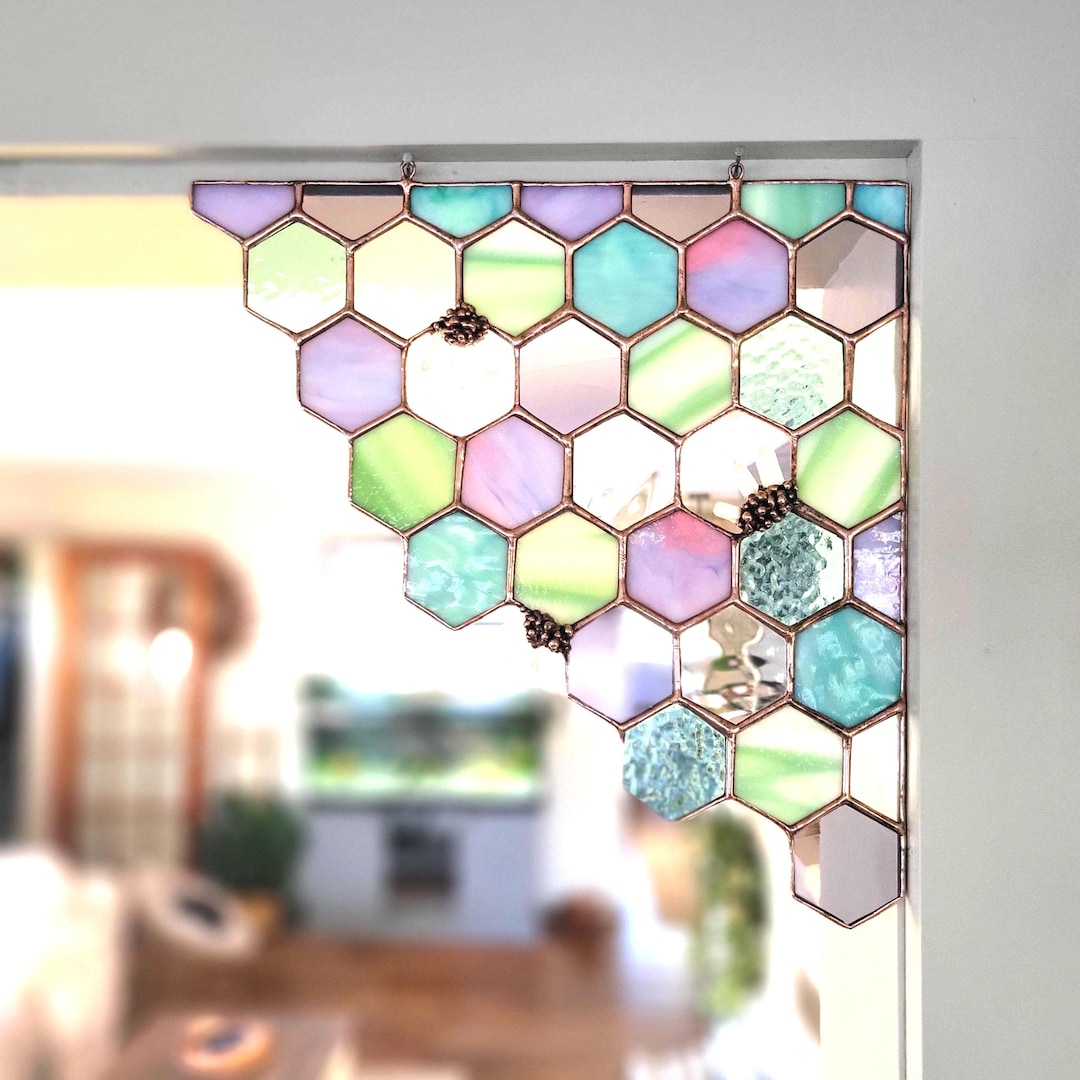 Stained Glass Honeycomb Corner Hanging: Pastel Bee Decor With Quartz - Etsy