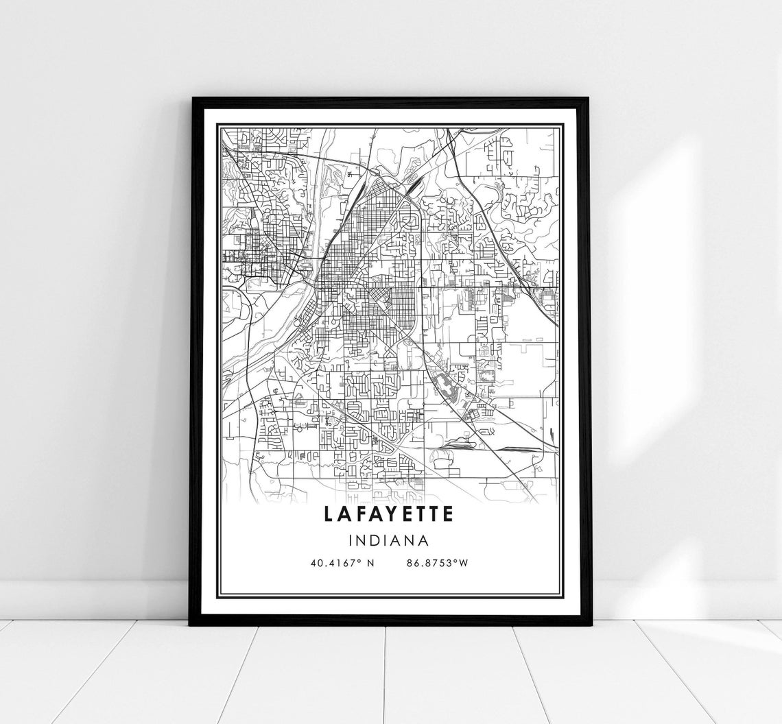 Lafayette Map Print Poster Canvas | Indiana Map Print Poster Canvas ...