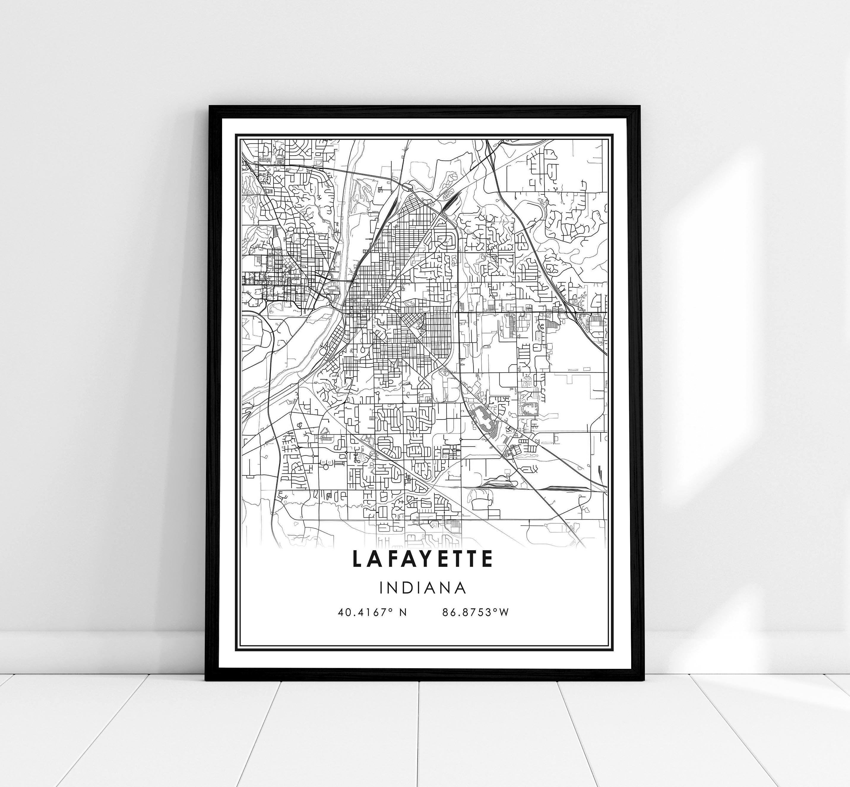Lafayette Map Print Poster Canvas | Indiana Map Print Poster Canvas ...