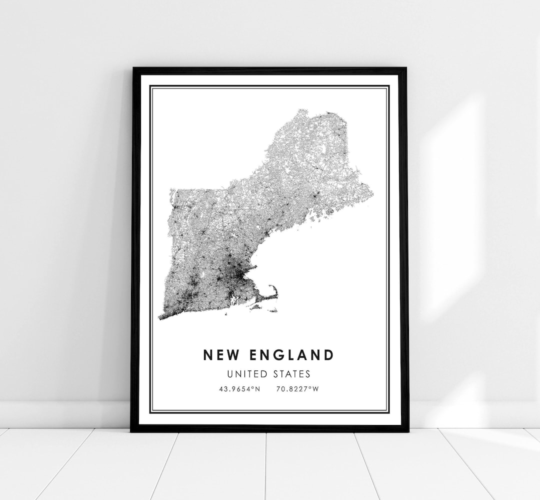 New England Map Print Poster Canvas | United States Map Print Poster ...