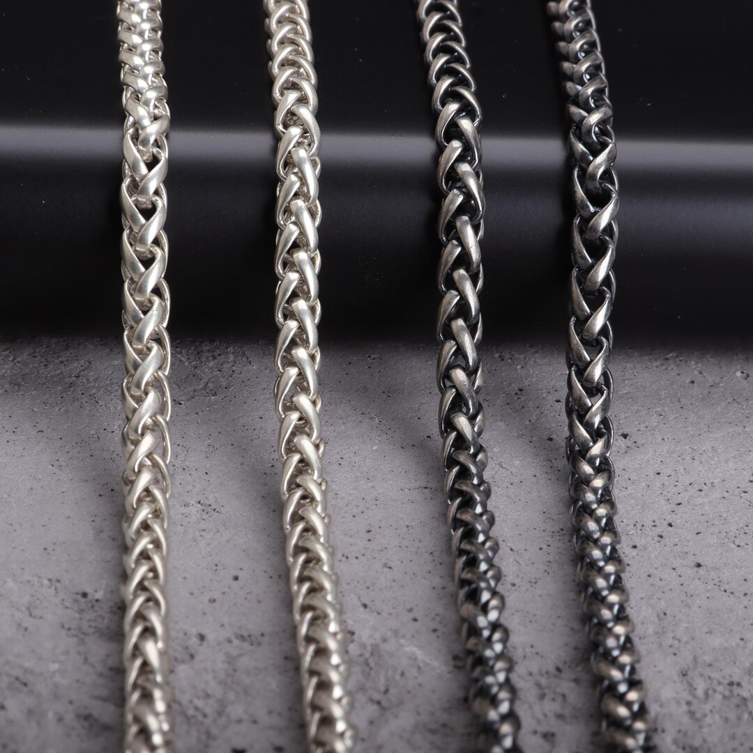 Sterling Silver Wheat Chain Necklace, Braided Spiga Link Chain for Men ...