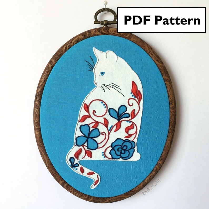 Floral Cat Beginner Hand Embroidery Pattern Cat Lady Animal - Etsy