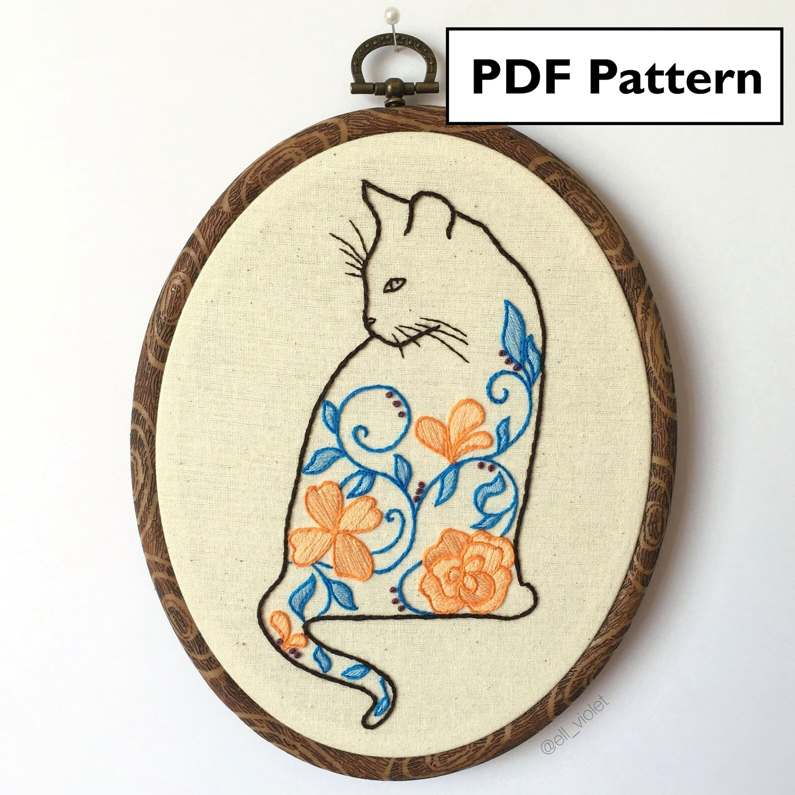 Floral Cat Beginner Hand Embroidery Pattern Cat Lady Animal | Etsy