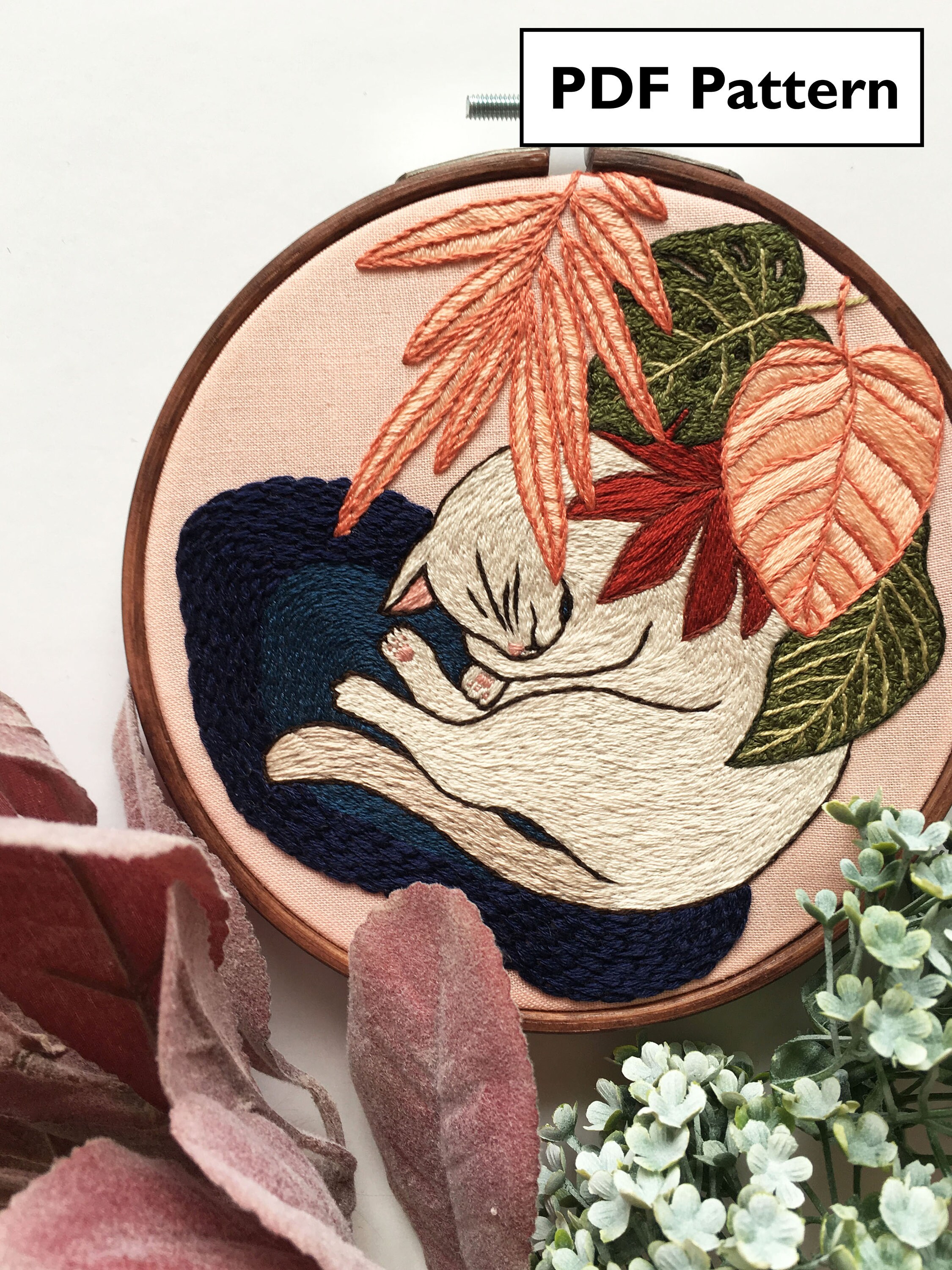 Cat Nap Modern Hand Embroidery Pattern Cute Animal Lover Cat | Etsy