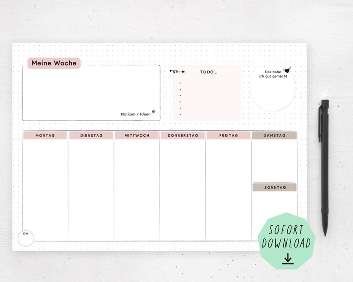 Wochenplaner A4 printable / zeitloser Wochenplan / To do Liste - Etsy.de