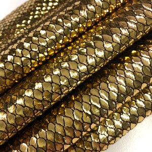 LEATHER GOLD METALLIC Snakeskin Genuine Lambskin Leathe Bright Vivid ...
