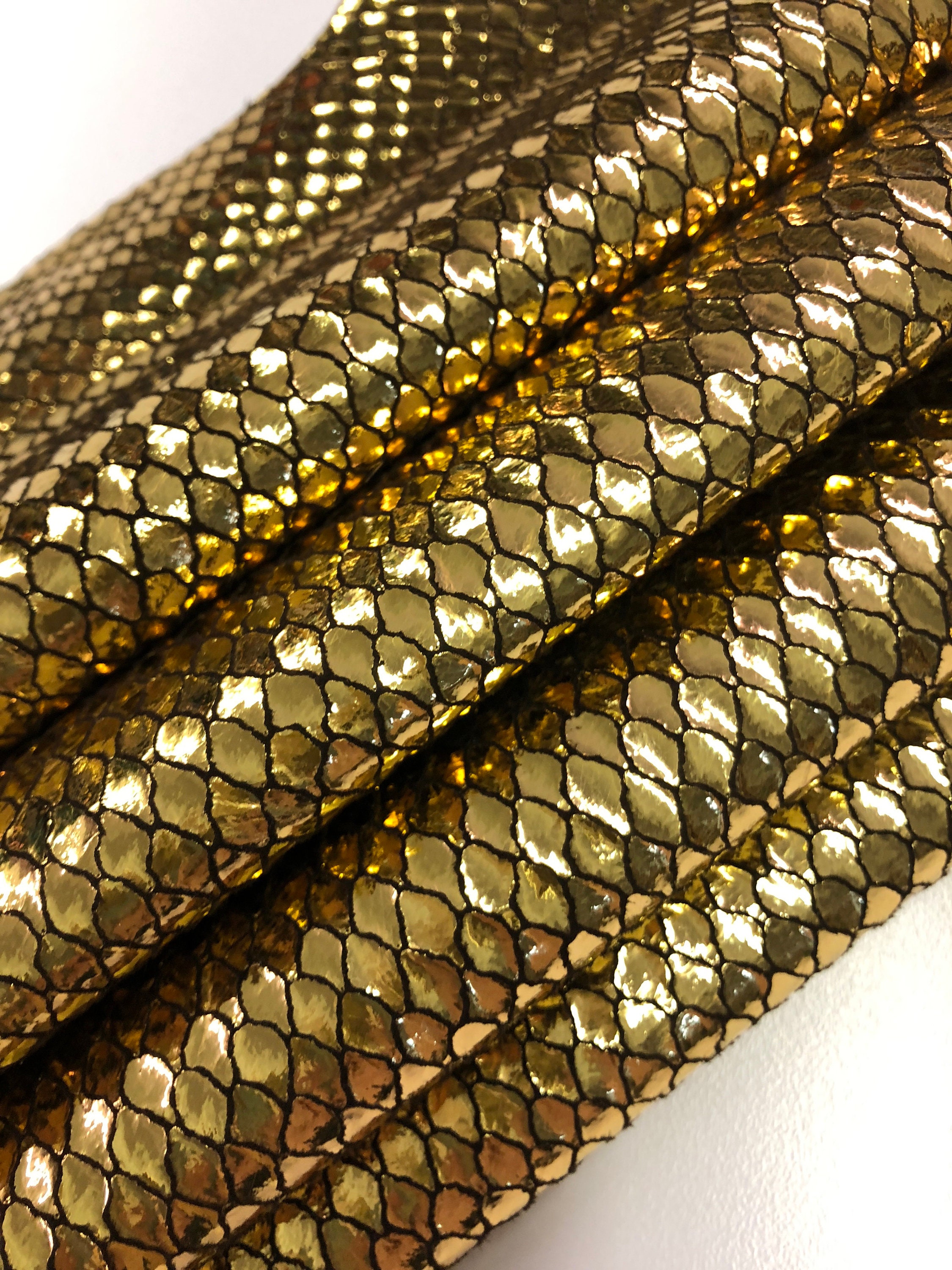 LEATHER GOLD METALLIC Snakeskin Genuine Lambskin Leathe Bright | Etsy