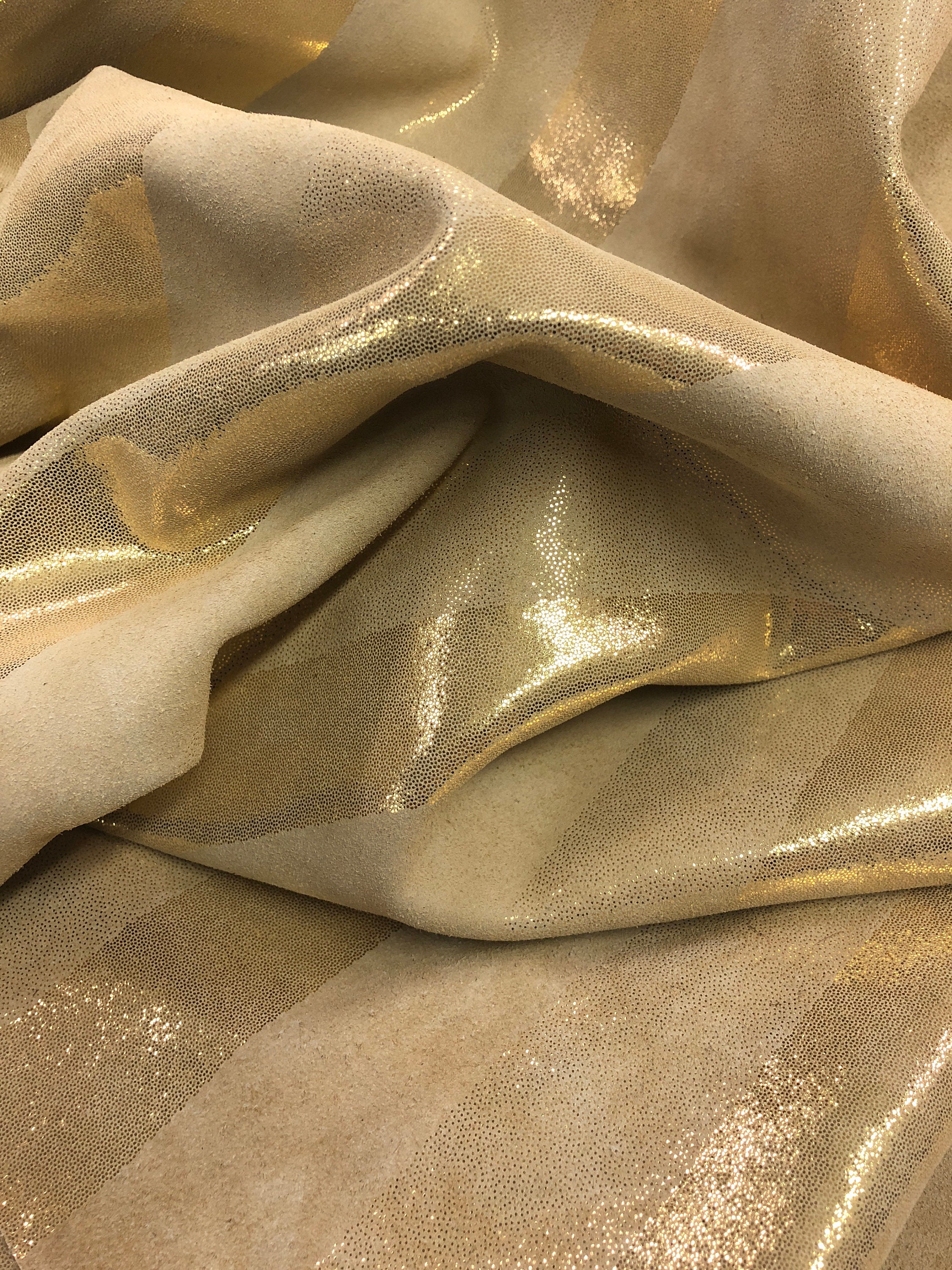 LEATHER Genuine GOLD Calfskin Suede SHIMMER Stripe on Beige | Etsy