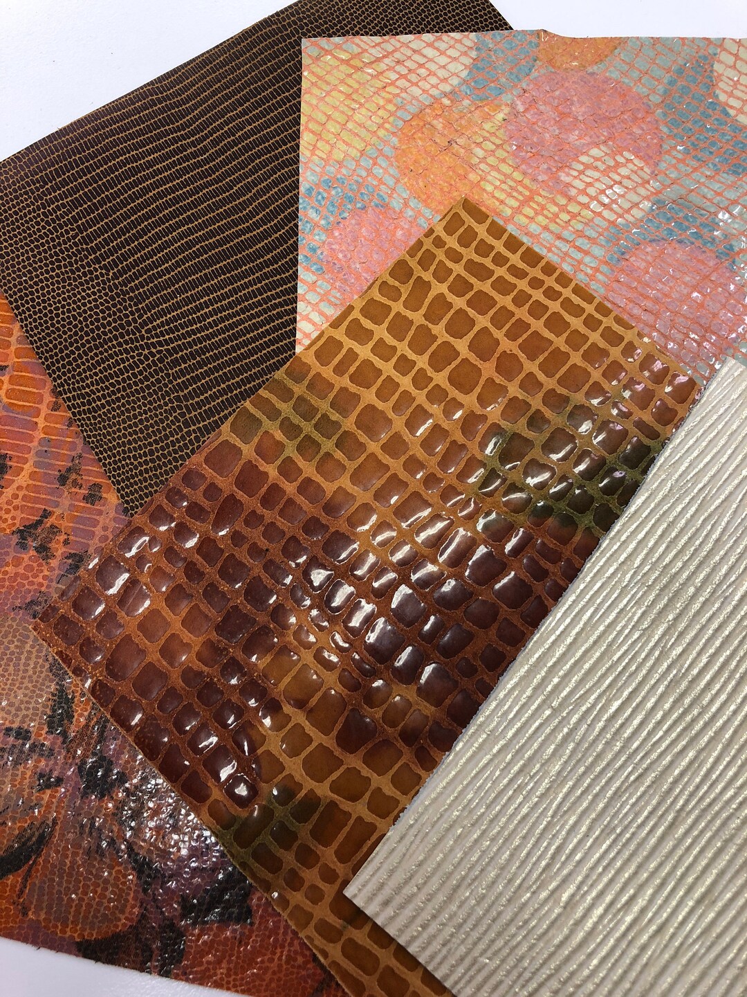 LEATHER VARIETY PACK, 5"x5" a Set of 5, Leather Scrap, Off-white Gold ...
