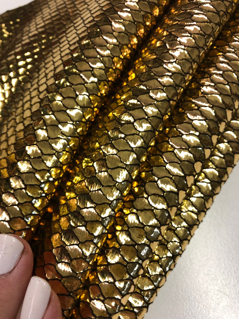 LEATHER GOLD METALLIC Snakeskin Genuine Lambskin Leathe Bright Vivid ...