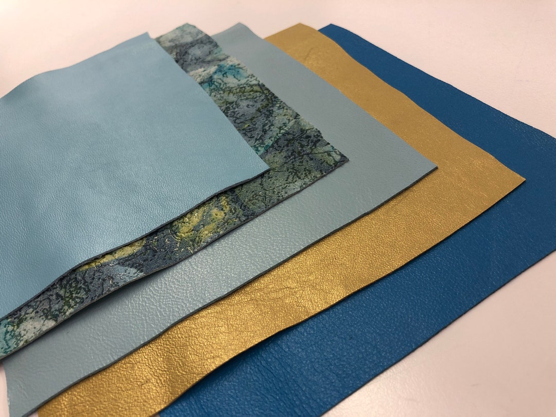 Real LEATHER BLUE Shades of Blue, Turquoise and Gold GENUINE Leather ...