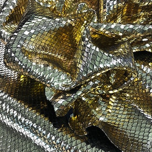 LEATHER GOLD METALLIC Snakeskin Genuine Lambskin Leathe Bright Vivid ...