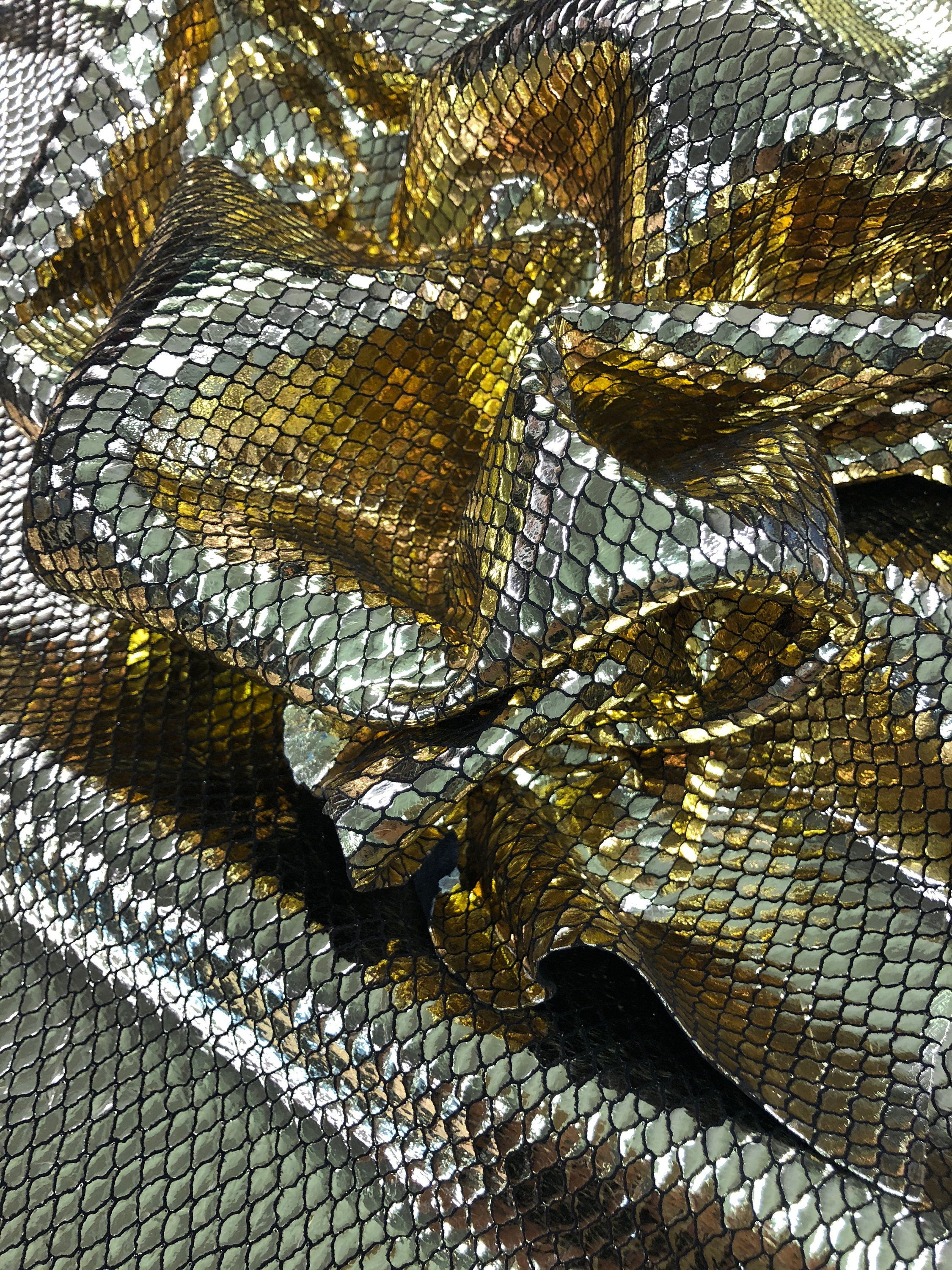 LEATHER GOLD METALLIC Snakeskin Genuine Lambskin Leathe Bright Vivid ...