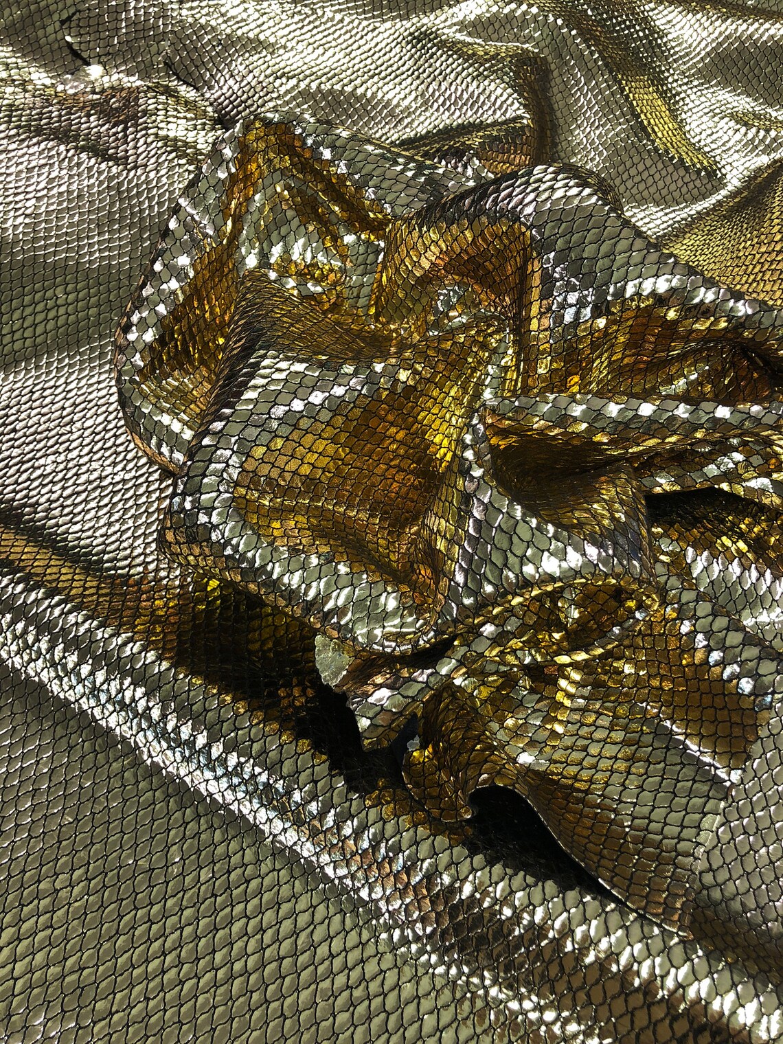 LEATHER GOLD METALLIC Snakeskin Genuine Lambskin Leathe Bright Vivid ...
