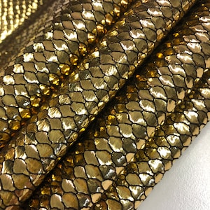 LEATHER GOLD METALLIC Snakeskin Genuine Lambskin Leathe Bright Vivid ...