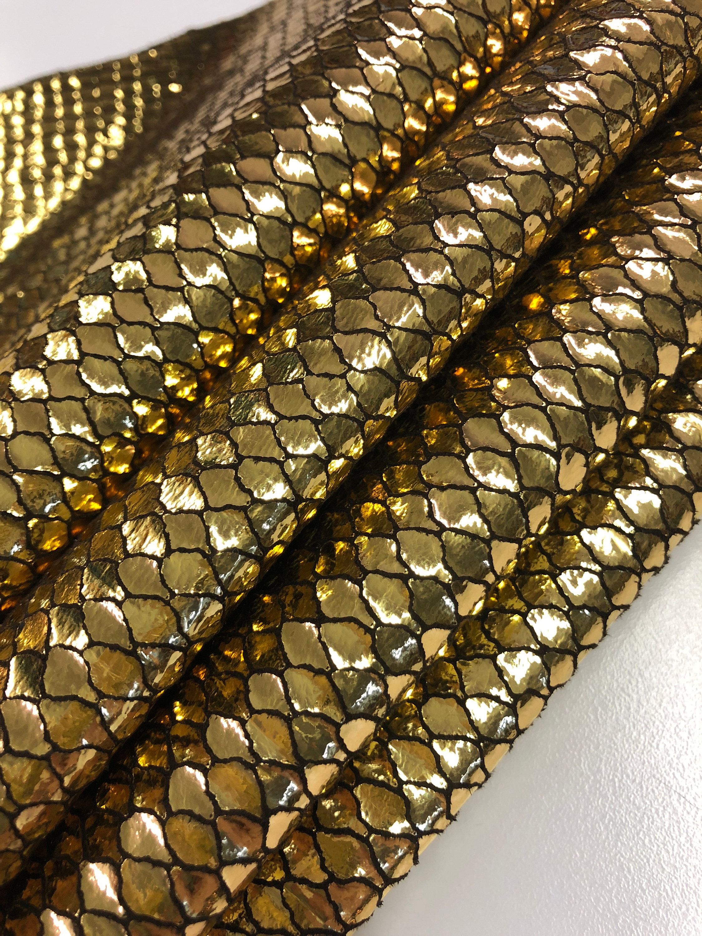 GOLD METALLIC SNAKESKIN Genuine Lambskin Leather Printed | Etsy