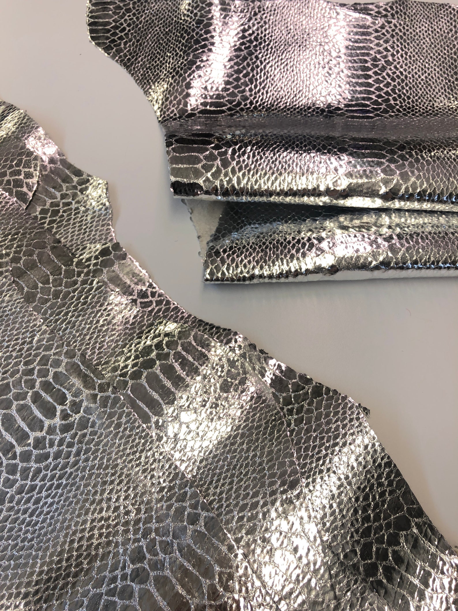 LEATHER SILVER Metallic PYTHON Snakeskin pigskin Suede/Genuine | Etsy