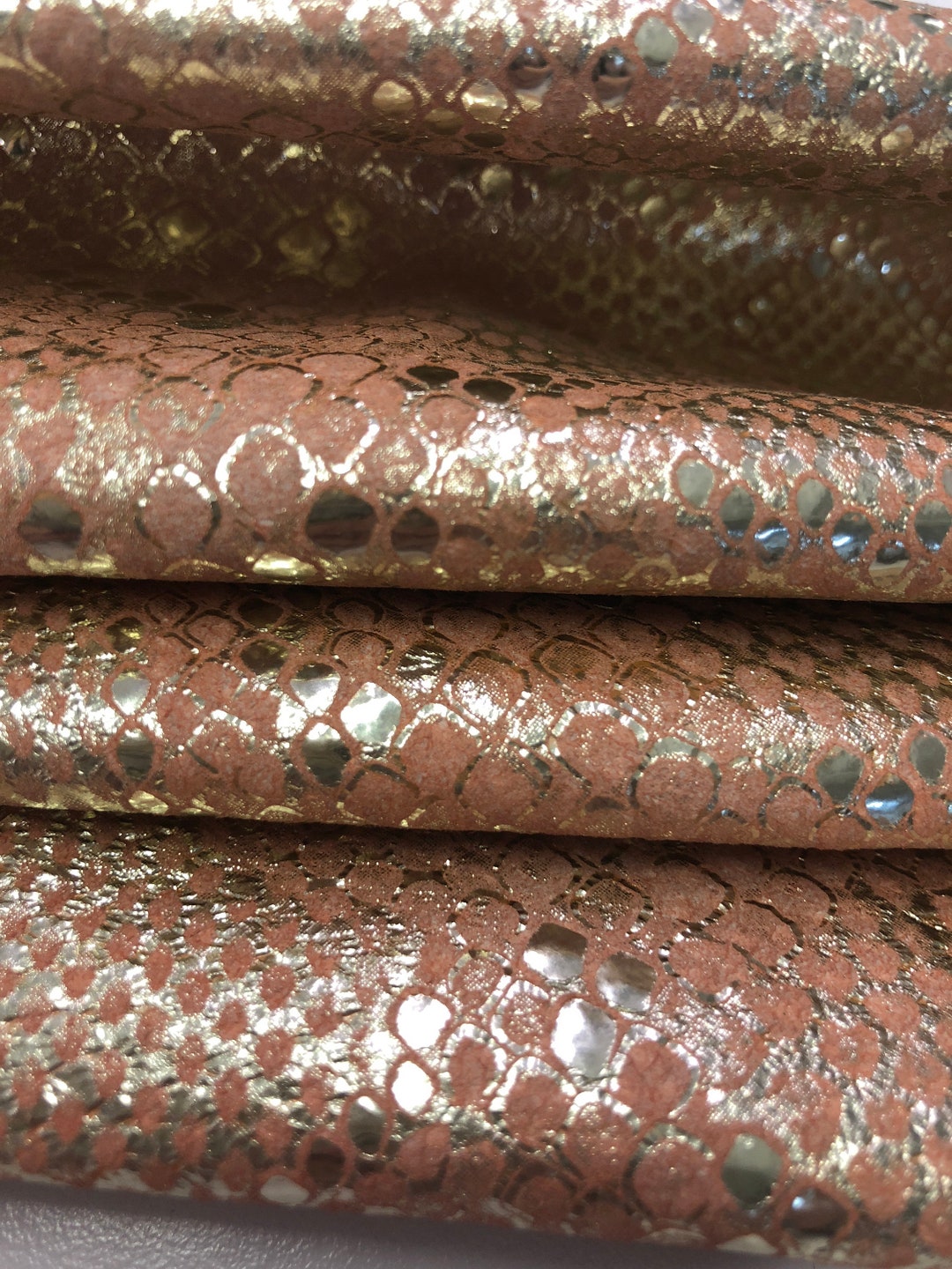 LEATHER Shiny Metallic GOLD Python on Peach Background, Off-white Suede ...