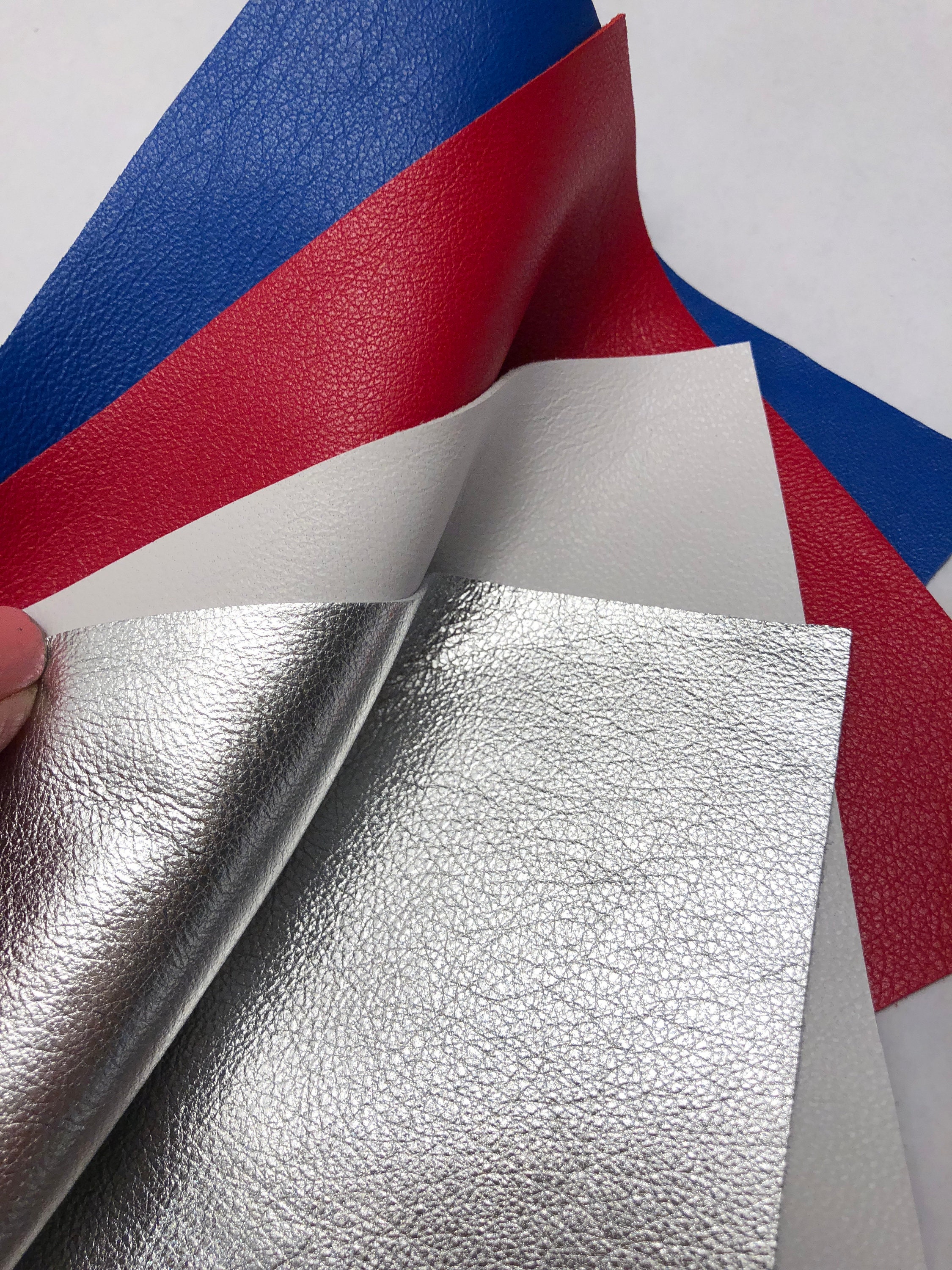 RED WHITE BLUE With Metallic Silver Leather Crafting Set of 4 Leather ...