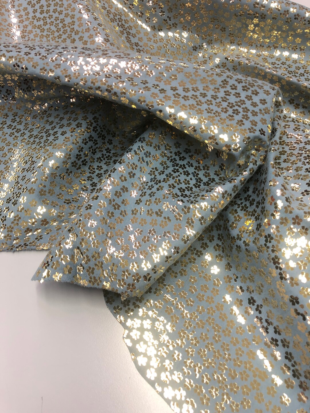 LEATHER Baby Blue Mini Bright Metallic Gold Flowers Suede/choose Size ...
