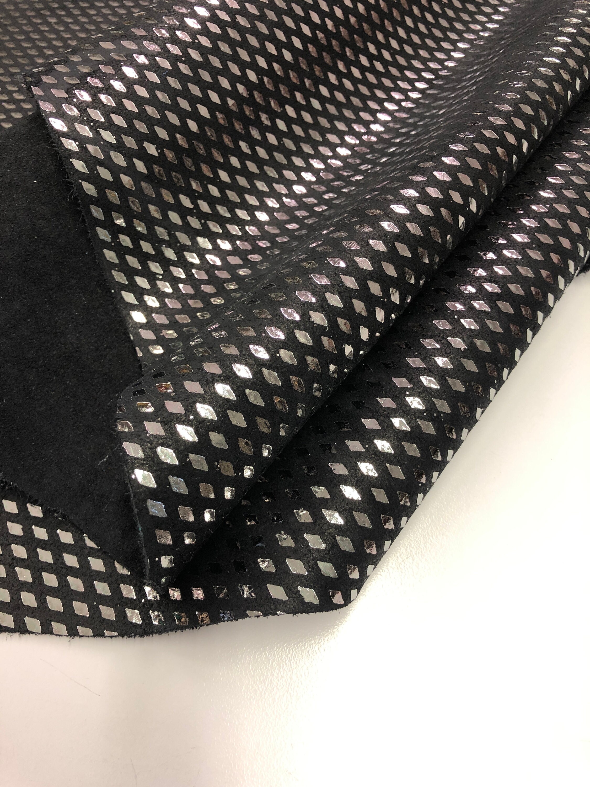 LEATHER SHINY METALLIC Silver Black Calfskin Suede/metallic Leather ...