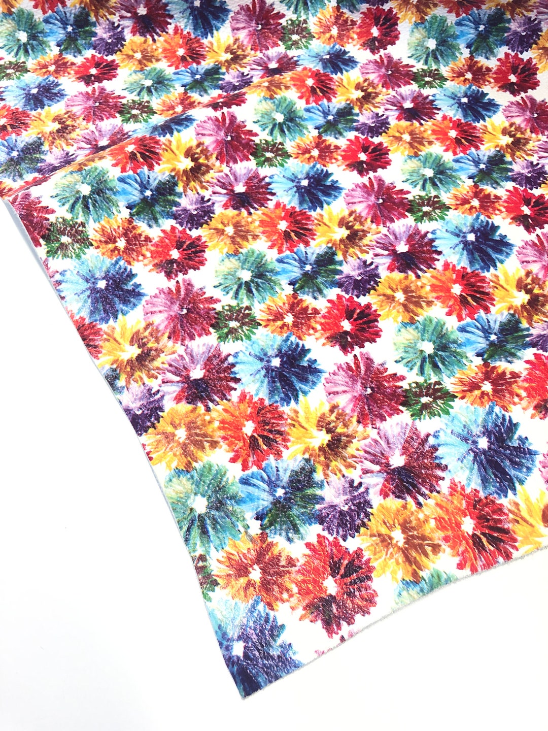 LEATHER Poppy FLOWER Red, Orange, Light Blue, Dark Blue Printed White ...