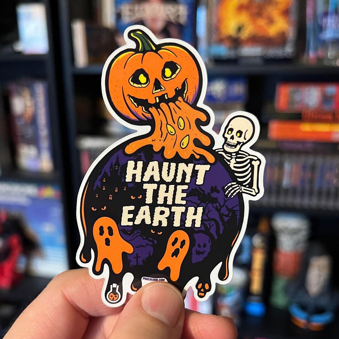 Haunt the Earth Halloween Sticker – Retro Pumpkin Guts Ghost Skeleton ...