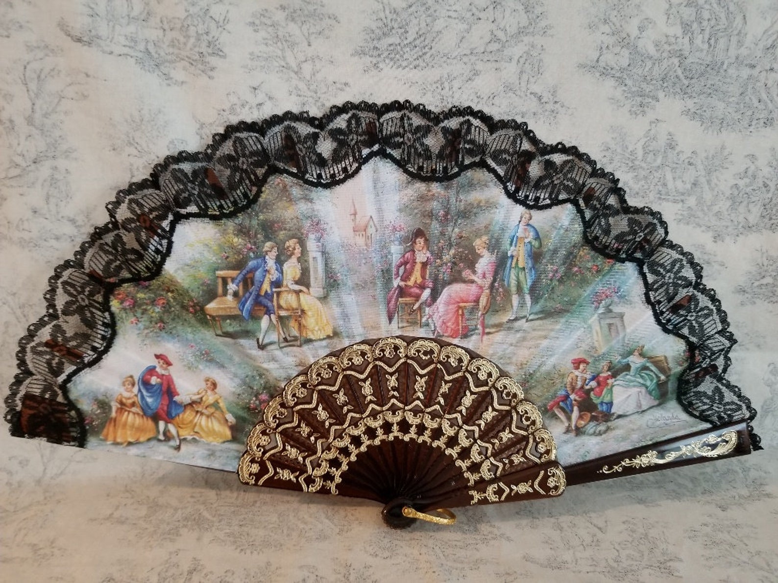 Lovely Vintage Ladies Hand Fan With Beautiful Scene and Black | Etsy