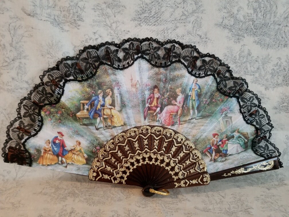 Lovely Vintage Ladies Hand Fan With Beautiful Scene and Black Lace ...
