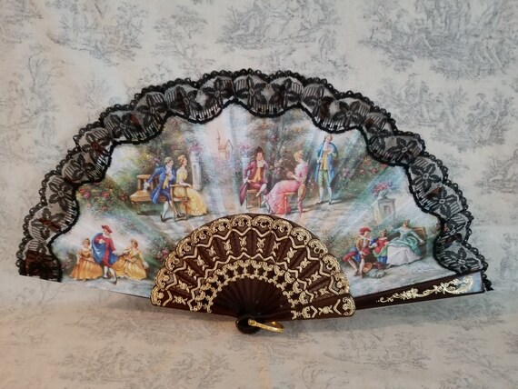 Lovely Vintage Ladies Hand Fan With Beautiful Scene and Black | Etsy